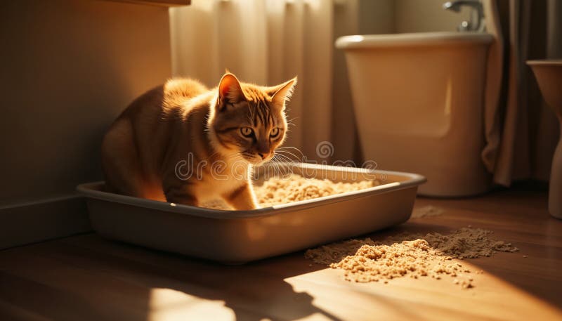 Curious Cat Exploring Litter Box in Sunlight Stock Illustration ...