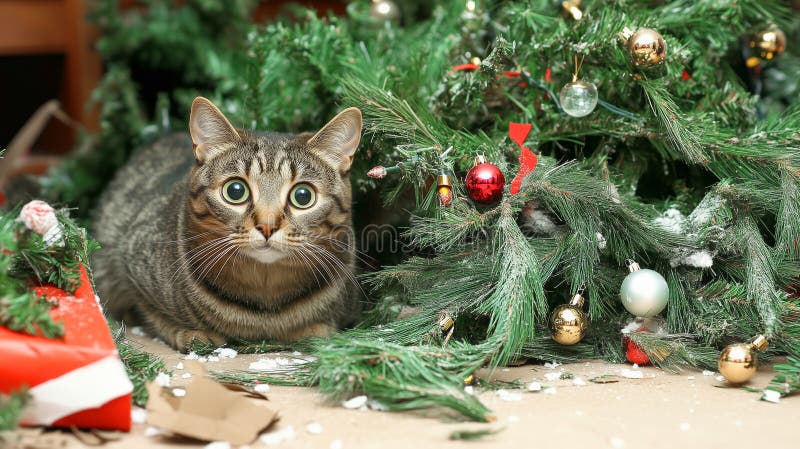 Curious Cat Exploring a Messy Christmas Tree Setup Stock Illustration ...