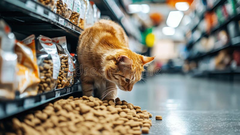 Curious Cat Exploring Pet Food Bags in Store Aisle, Surrounded by ...