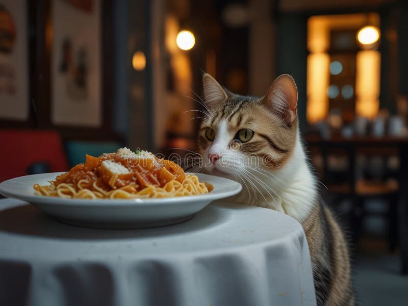 Curious Cat Eyeing a Plate of Delicious Spaghetti in Cozy Restaurant ...
