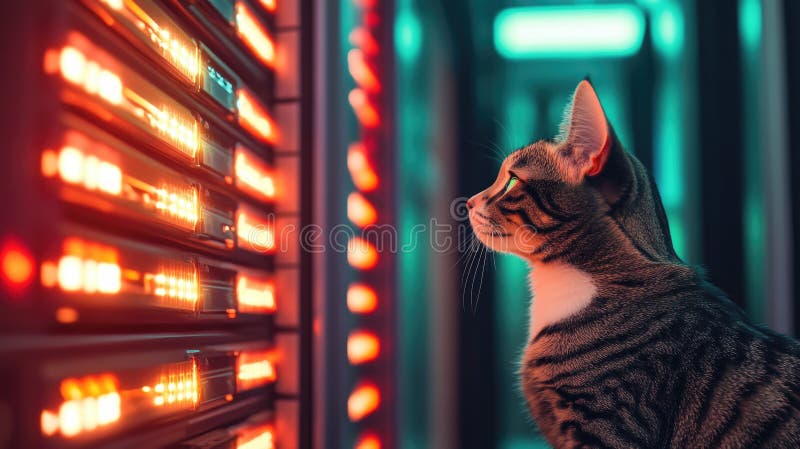 Cute Cat Looking at Computer Servers Stock Photo - Image of center ...
