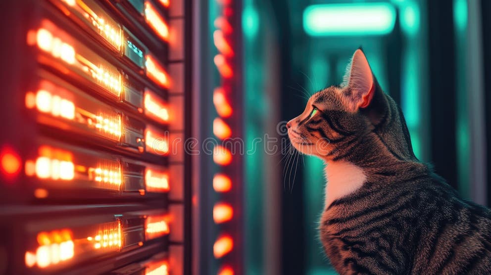 Cute Cat Looking at Computer Servers Stock Photo - Image of center ...