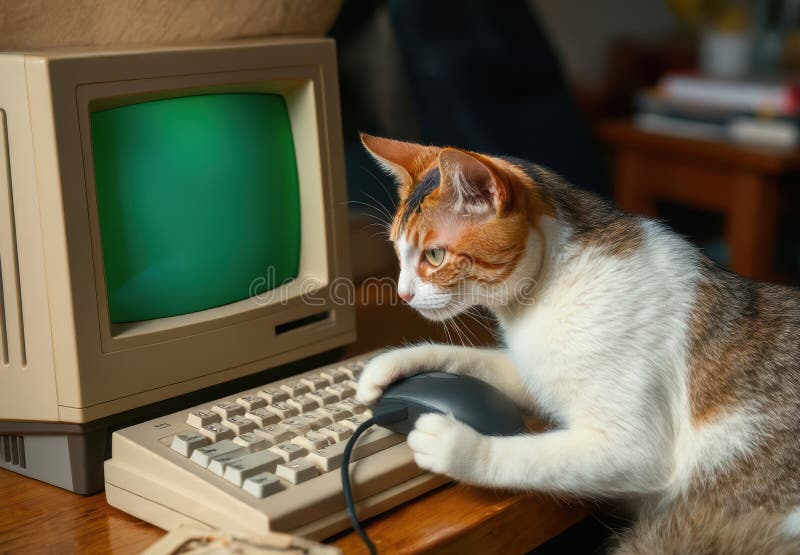 A Curious Cat Interacts with an Old-fashioned Computer and Mouse ...