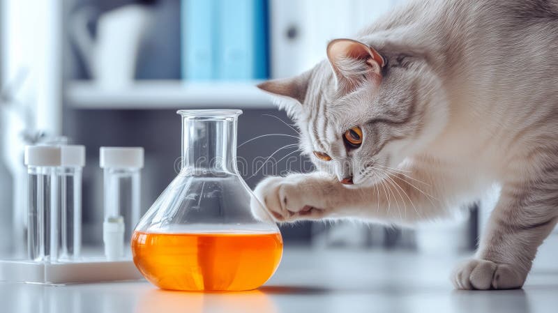 Curious Cat Interacts with Science Experiment in Lab Stock Illustration ...