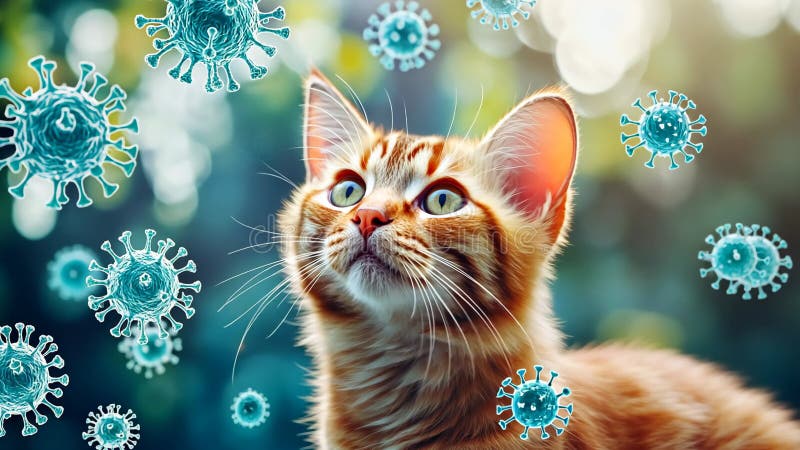 Curious Cat Looking at Floating Virus Particles in a Surreal Outdoor ...