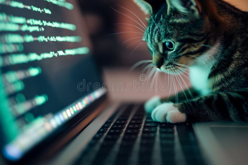 Curious Cat Looking Typing Keyboard Laptop Computer Hacker Kitten ...