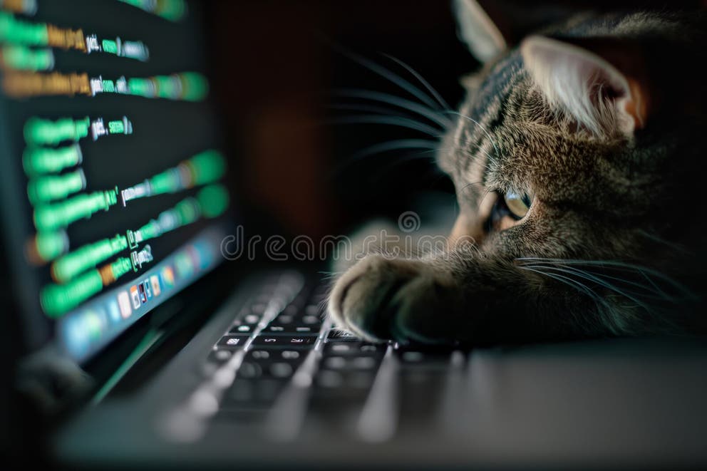 Curious Cat Looking Typing Keyboard Laptop Computer Hacker Kitten ...