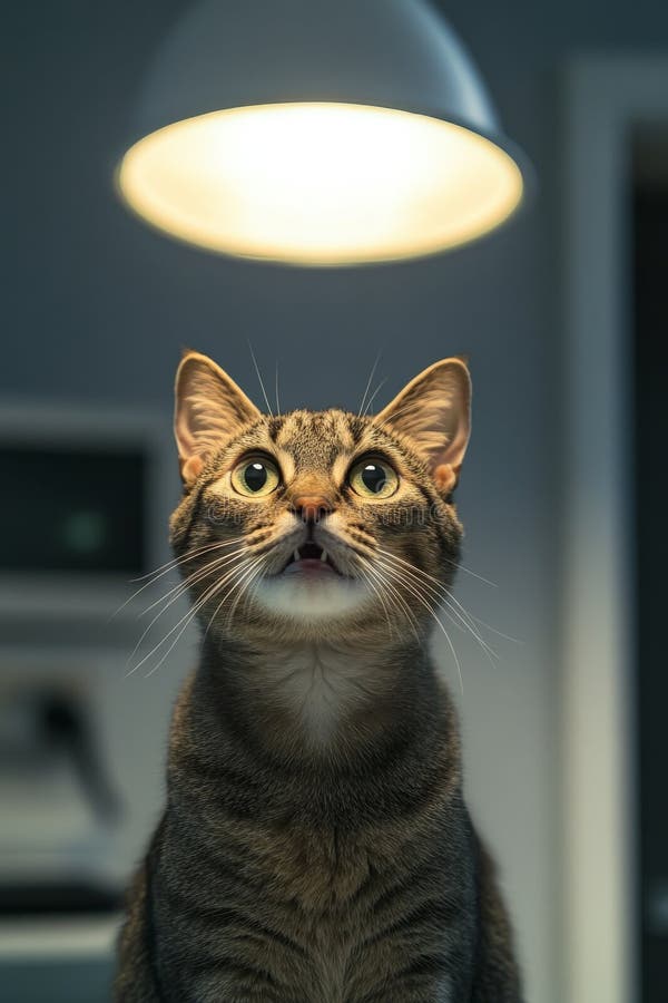 Curious Cat Looking Up at a Light with a Surprised Expression Stock ...