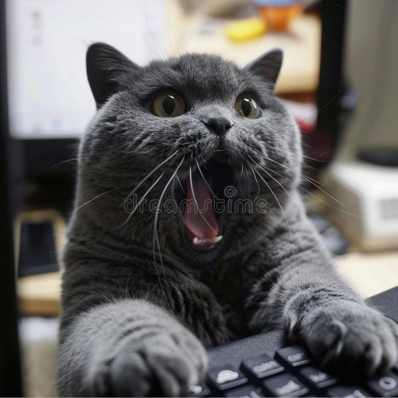 Curious Cat with Mouth Agape Explores a Computer Setup, AI-generated ...