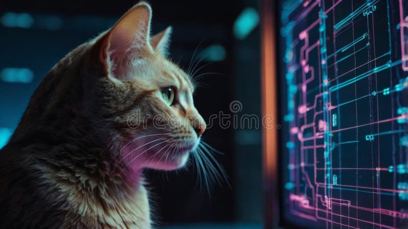 Curious Cat Observing Futuristic Technology on Computer Screen in Neon ...
