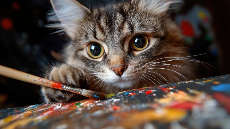 Curious Cat Painting with Vibrant Colors and Paintbrush Stock ...