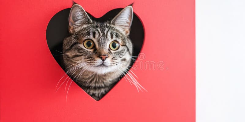Curious Cat Peeking through Heart Shaped Cutout in Minimalist Design ...