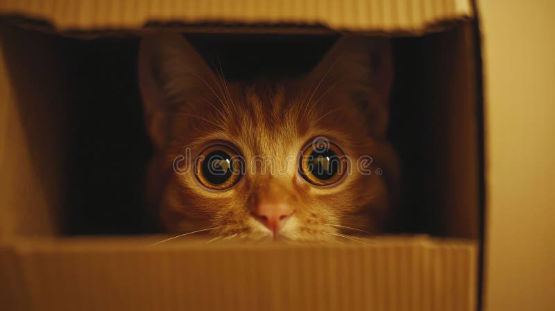 A Curious Cat Peeking Out from Inside a Cardboard Box in a Cozy Indoor ...