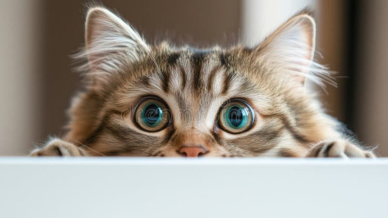 Curious Cat Peeking Over a White Surface with Big Expressive Eyes Stock ...