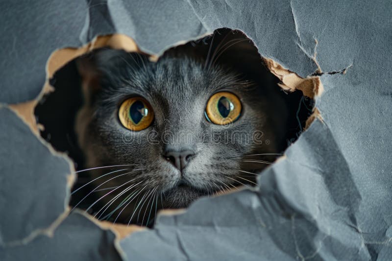 Curious Cat Peeking through Torn Paper Hole Stock Image - Image of ...
