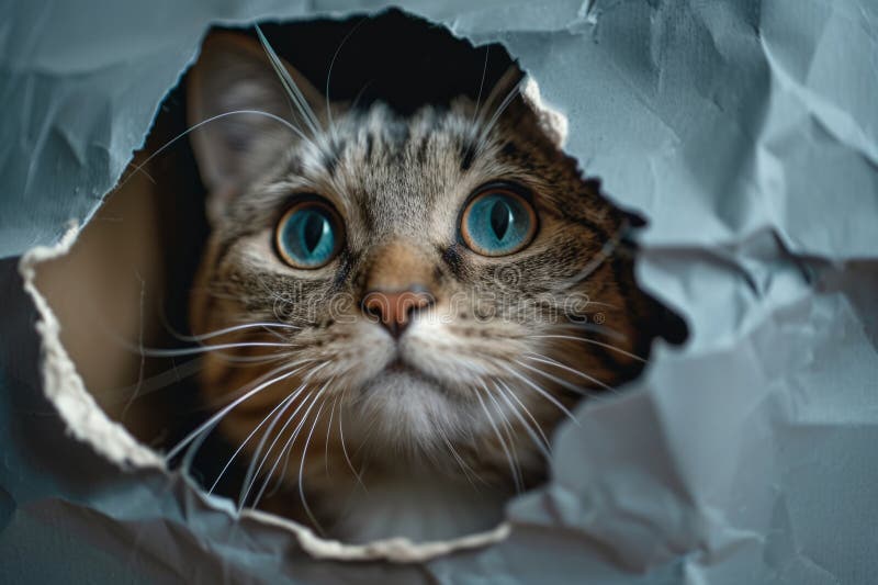 Curious Cat Peeking through Torn Paper Hole Stock Photo - Image of ...