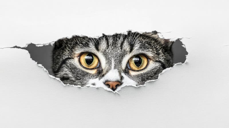 Curious Cat Peeking through Torn Paper with Wide Eyes Stock Photo ...