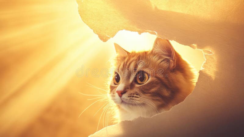 A Curious Cat Peeks through a Torn Paper, Illuminated by Warm Sunlight ...