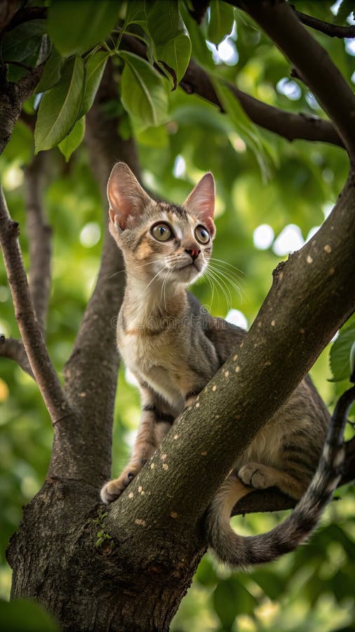 Curious Cat Perched on Tree Branch in Lush Greenery Stock Photo - Image ...