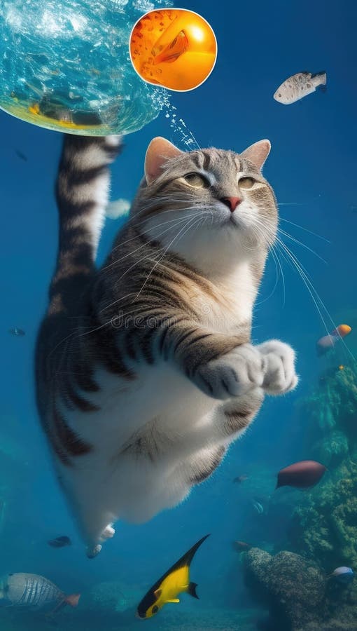 Curious Cat Playfully Investigating Fish in Water Stock Illustration ...