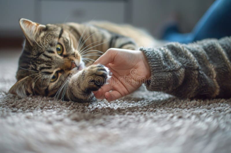 A Curious Cat Plays with a Human S Hand Stock Illustration ...