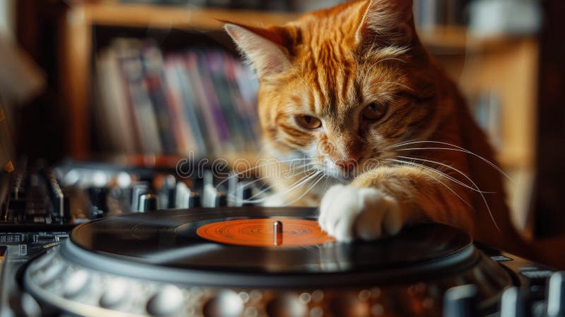 A Curious Cat Plays with a Vinyl Record on a Turntable Stock Image ...
