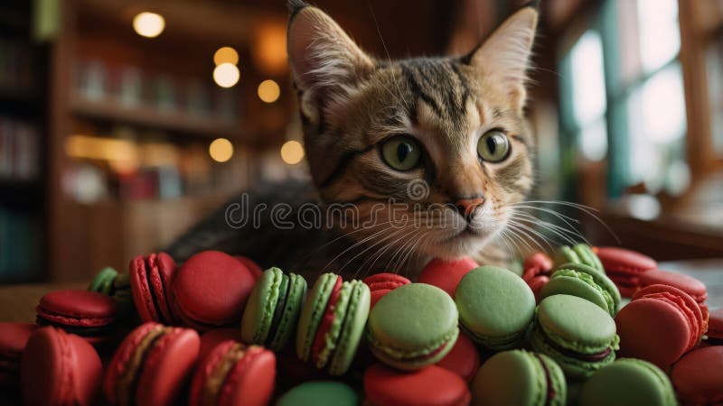 Adorable Kitten Gazing at a Pile of Red and Green Macarons Stock Illustration - Illustration of ...