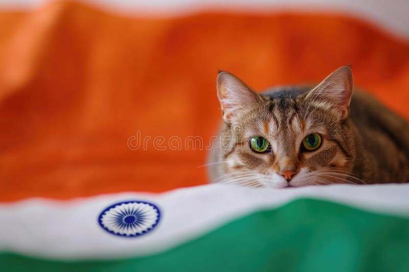 A Curious Cat Sits Atop an Indian Flag Blanket, Surrounded by Vibrant ...