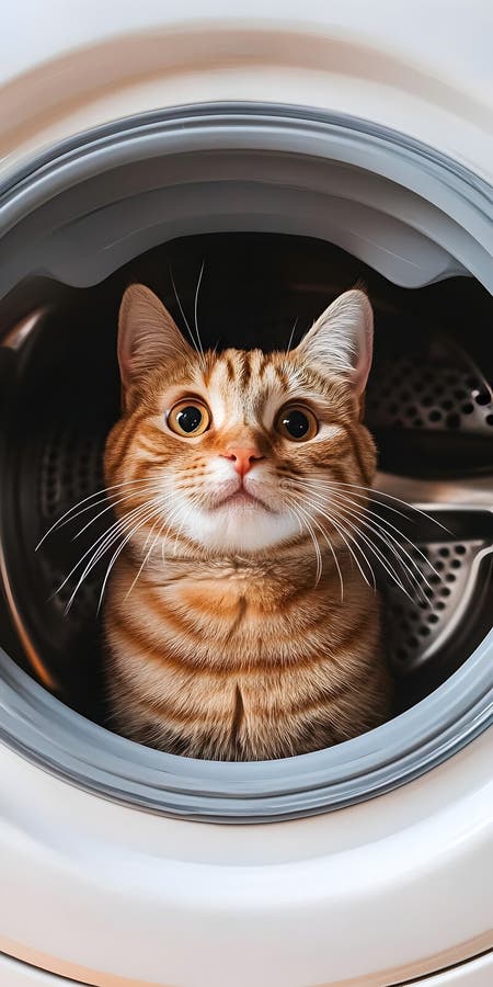 A Curious Cat Sits in a Washing Machine and Looks Pleasingly at the ...