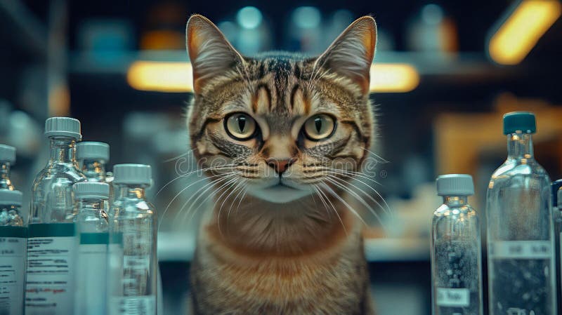 A Curious Cat Sitting in a Scientific Laboratory, Surrounded by Vials ...