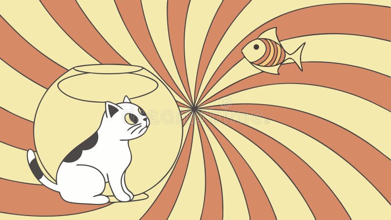 Curious Cat Staring at Fish, Retro Comic Style, Playful Scene, Vector ...