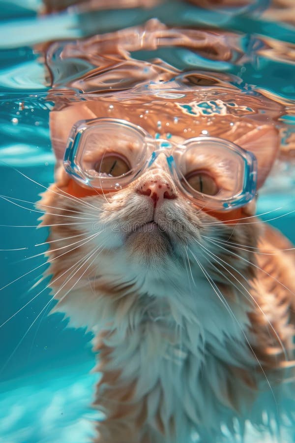 A Curious Cat Swims in a Pool while Wearing Goggles, an Unexpected and ...