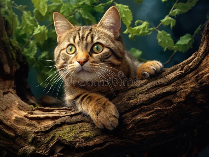 Ai Generated Illustration Wildlife Concept of Curious Cat on a Tree ...