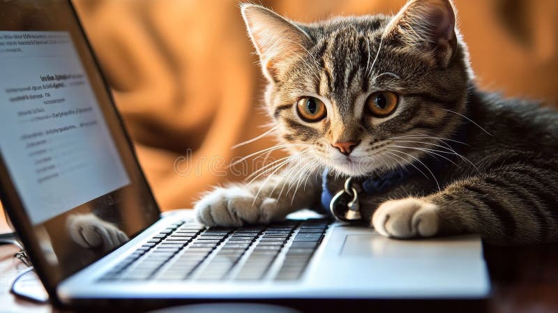 Curious Cat Typing on Laptop, Working Remotely,. Pet As Office ...