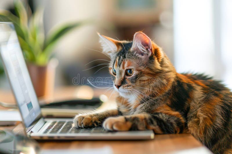 A Curious Cat Using a Laptop at a Desk, Bathed in Sunlight, with a ...