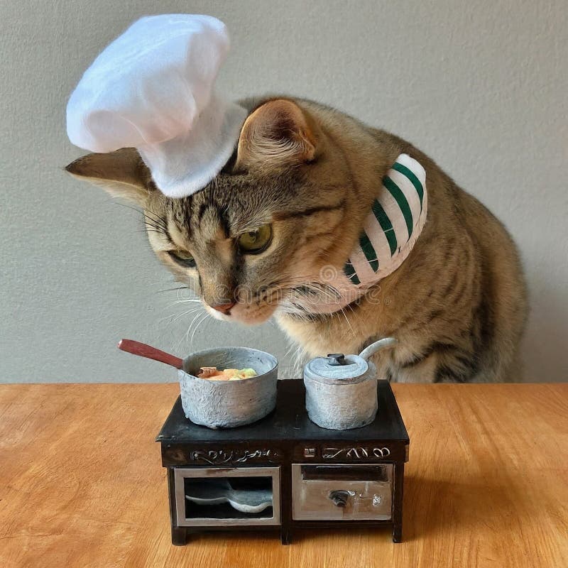Curious Cat Watches Miniature Chef at Work Stock Image - Image of ...