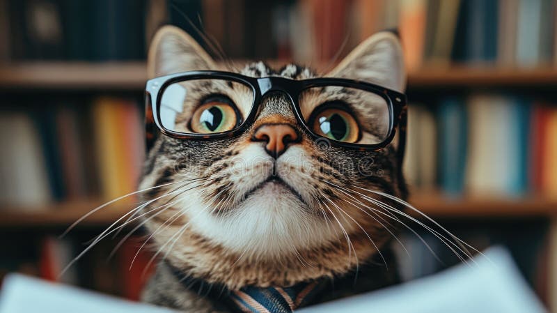 Curious Cat Wearing Glasses in Library Setting Stock Image - Image of ...