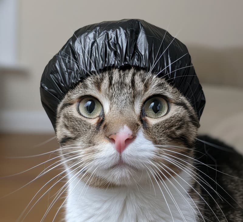 Curious Cat Wearing Shower Cap Stock Illustration - Illustration of ...