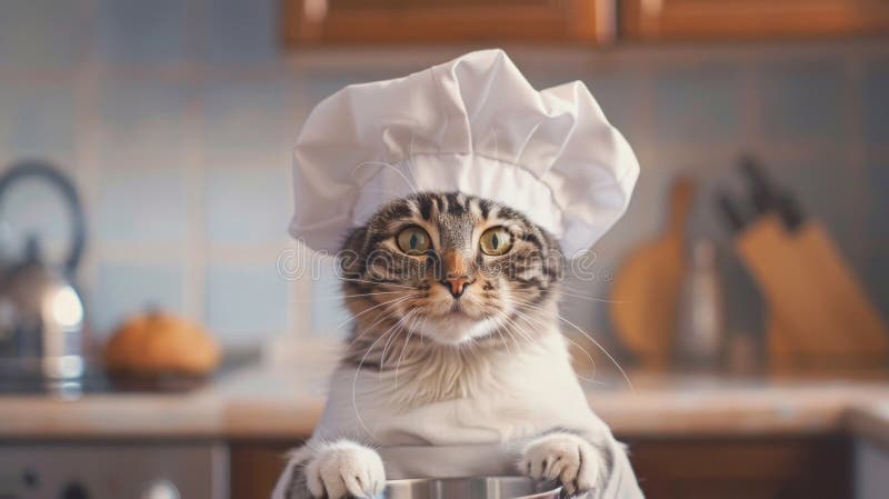 A Curious Cat Wears a Miniature Chef S Hat and Sits in a Bowl Stock ...