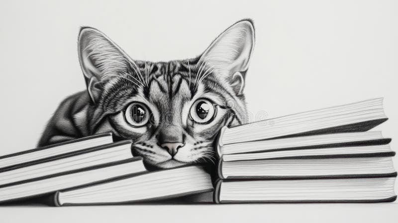 Curious Cat with Wide Eyes Resting on a Stack of Books in Black and ...