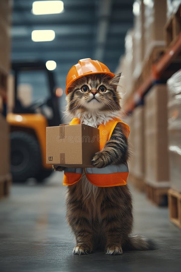 Curious Cat Worker with Box in Warehouse Stock Illustration ...