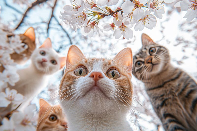Curious Cats Gazing Upwards Under Blooming Cherry Blossom Branches in ...