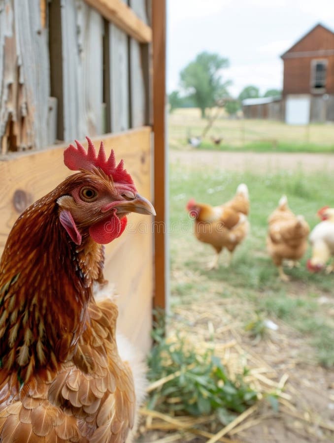 Curious Chicken Peering from Barn with Flock in Rustic Farm Setting ...