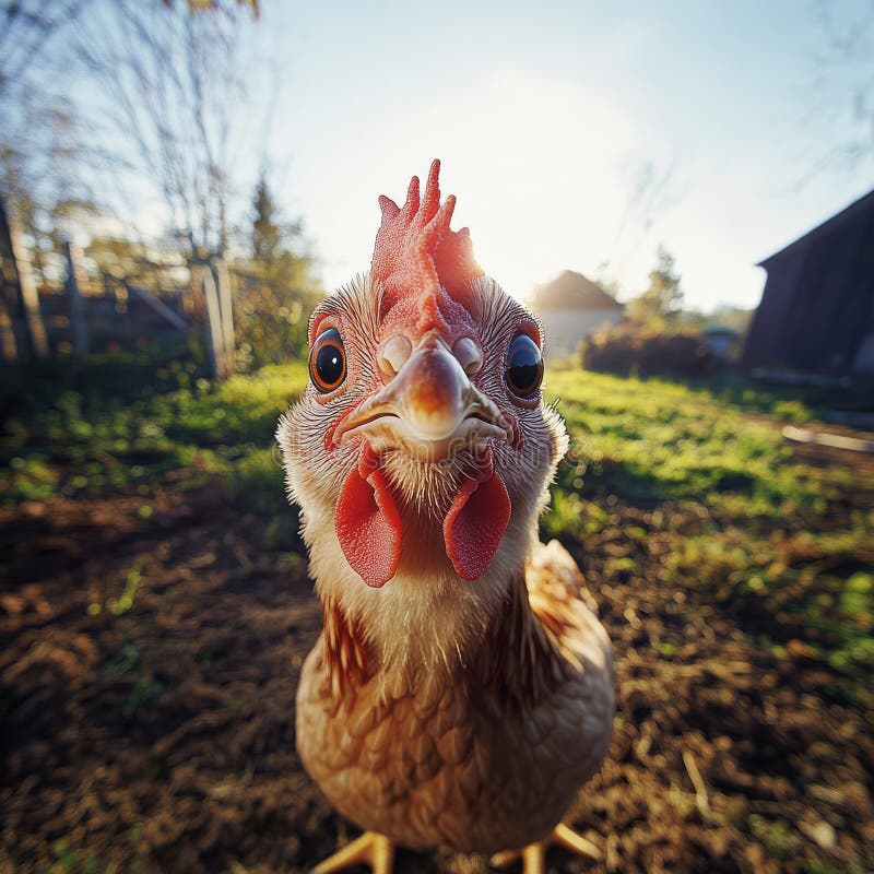 Curious Chicken in Sunlit Farmyard Landscape Stock Image - Image of ...