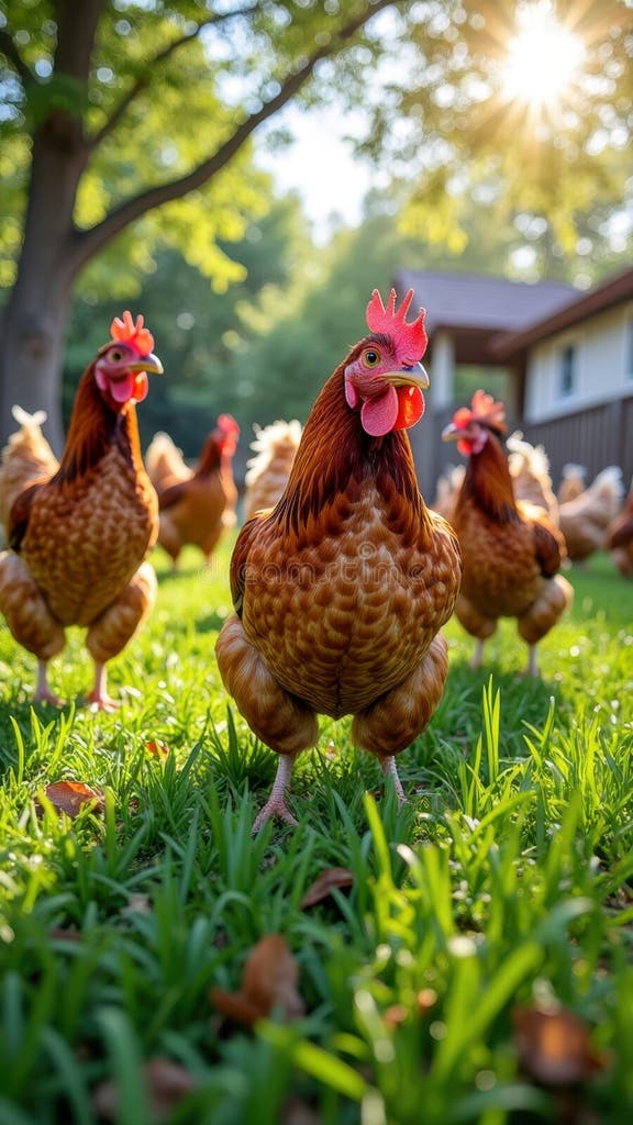 Curious Chickens Roaming in Sunlit Backyard Farm Scene Stock Image ...