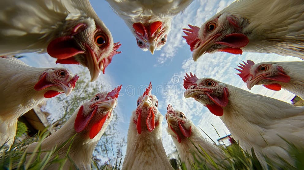 Curious Chickens Staring at Camera Against Blue Sky Stock Photo - Image ...