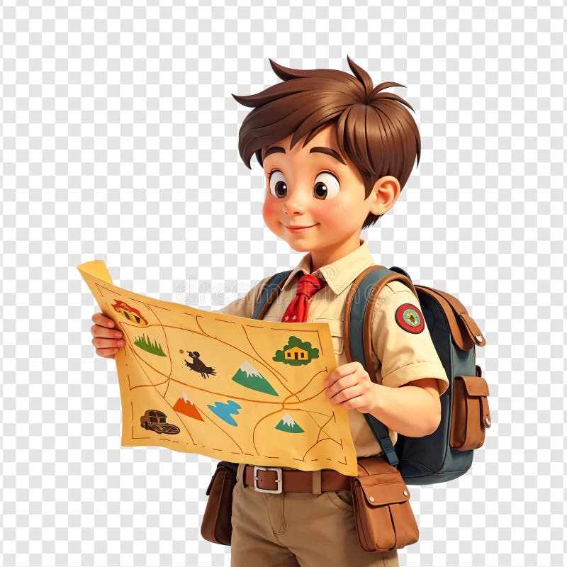 Curious Child Explorer with Map and Backpack on Transparent Background ...