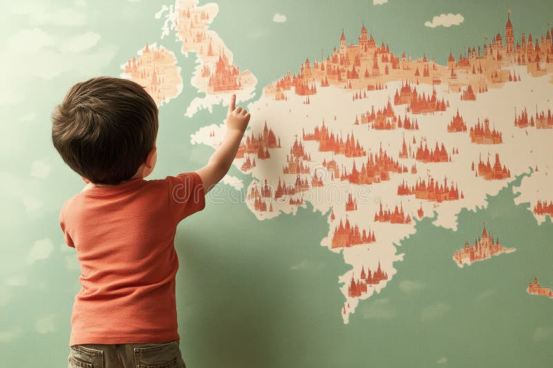 Curious Child Pointing at Illustrated World Map Stock Photo - Image of ...