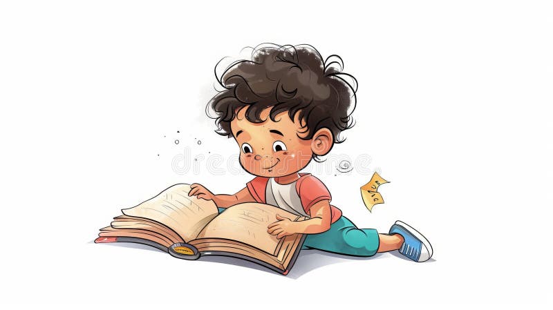 Curious Child Reading a Book with Joyful Expression Stock Illustration ...
