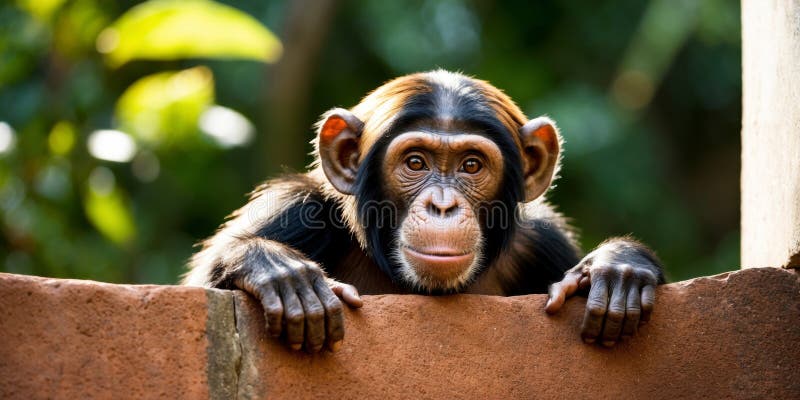 Curious Chimpanzee Looking Over the Edge. Stock Image - Image of ...